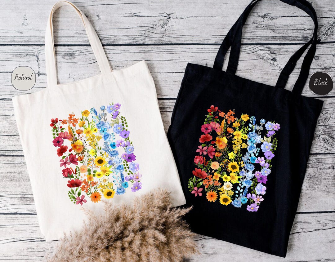Rainbow Wildflower Tote Bag, Botanical Pride Canvas Bag, Aesthetic ...