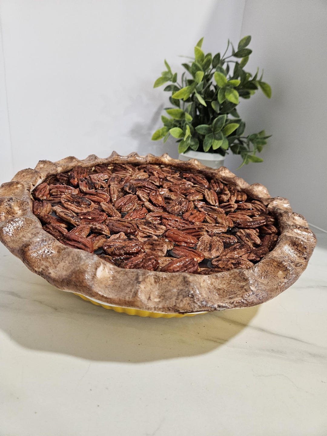 Faux Pecan Pie 10 In, Fake Bake Pecan Pie in Yellow Ceramic Pie Plate ...