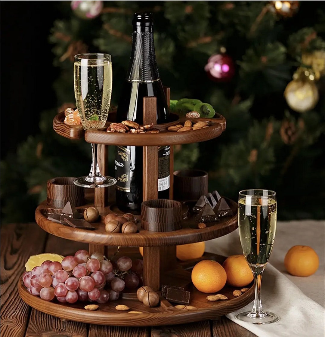 Wooden Tiered Wine Plate With Glass Holders and Compartments for Sauces ...