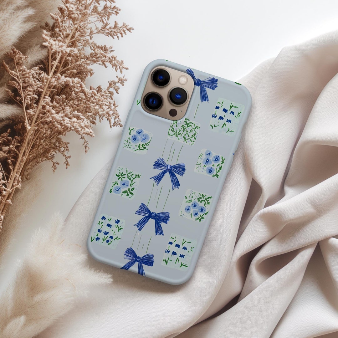 Blue Floral Bow Patchwork Collage Phone Case, Gift for Her, Preppy Blue ...