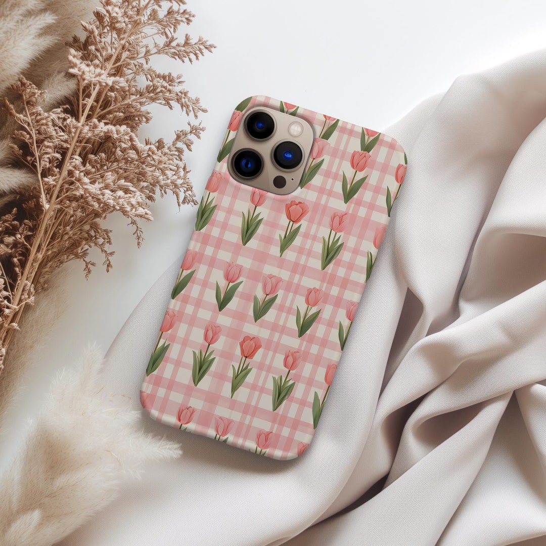 Cute Plaid Floral Tulip Phone Case, Pink Gift for Her, Girly Flower ...