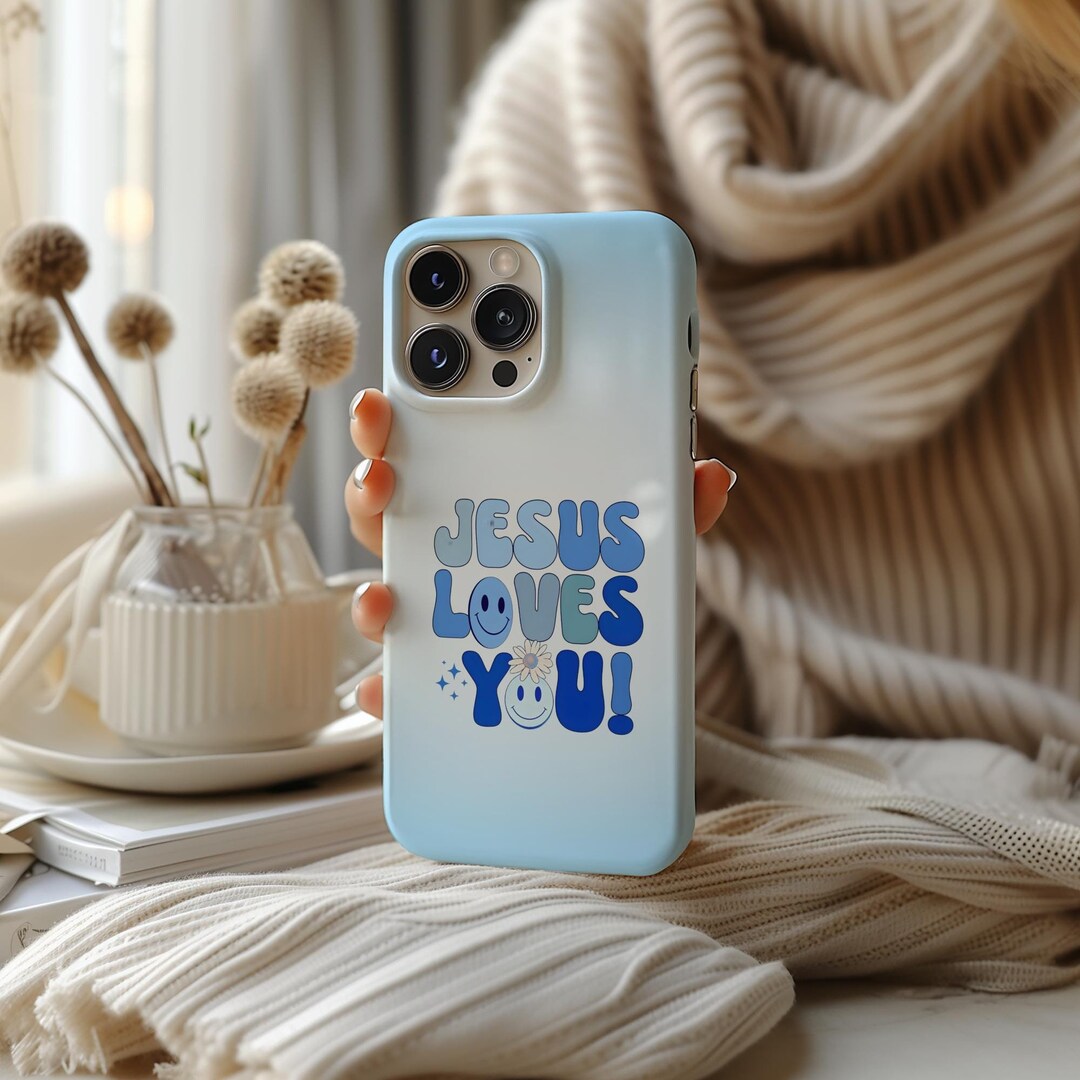 Retro Blue Jesus Loves You Phone Case, Religious Faith Scripture Gift ...