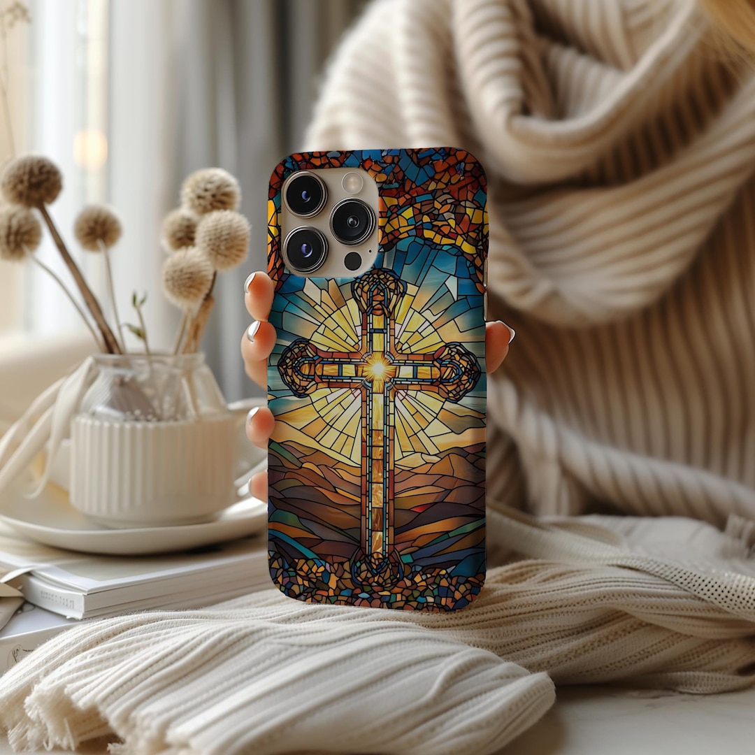 Vintage Christian Stained Glass Cross Phone Case, Faux Glass Mosaic Art ...