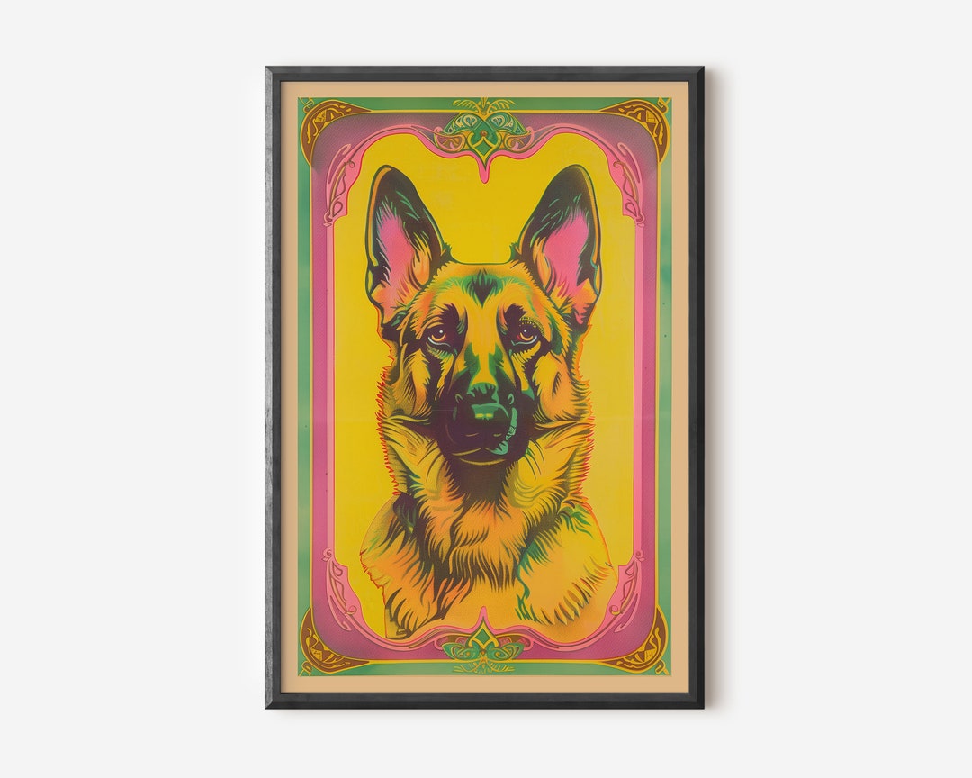 Sunset Hued German Shepherd Print - Retro Art Nouveau Inspired Portrait ...