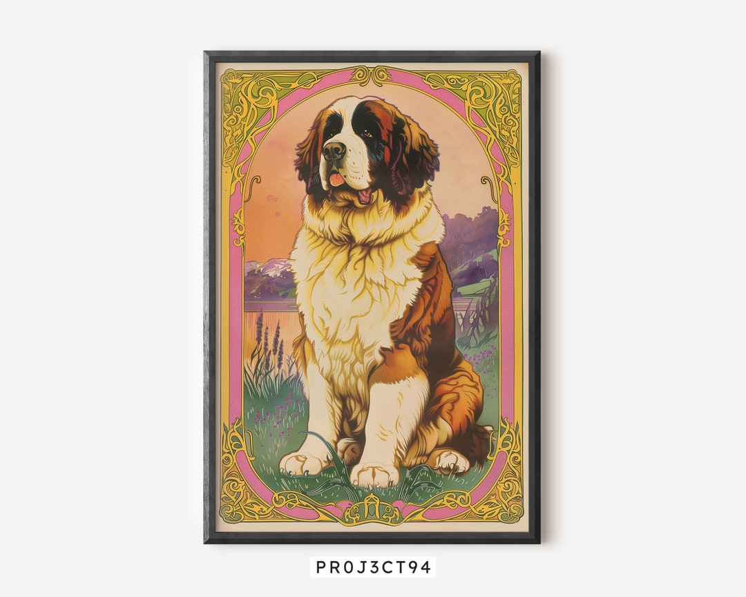 Elegant St. Bernard Print in Art Nouveau Frame - Vibrant Decorative Dog ...