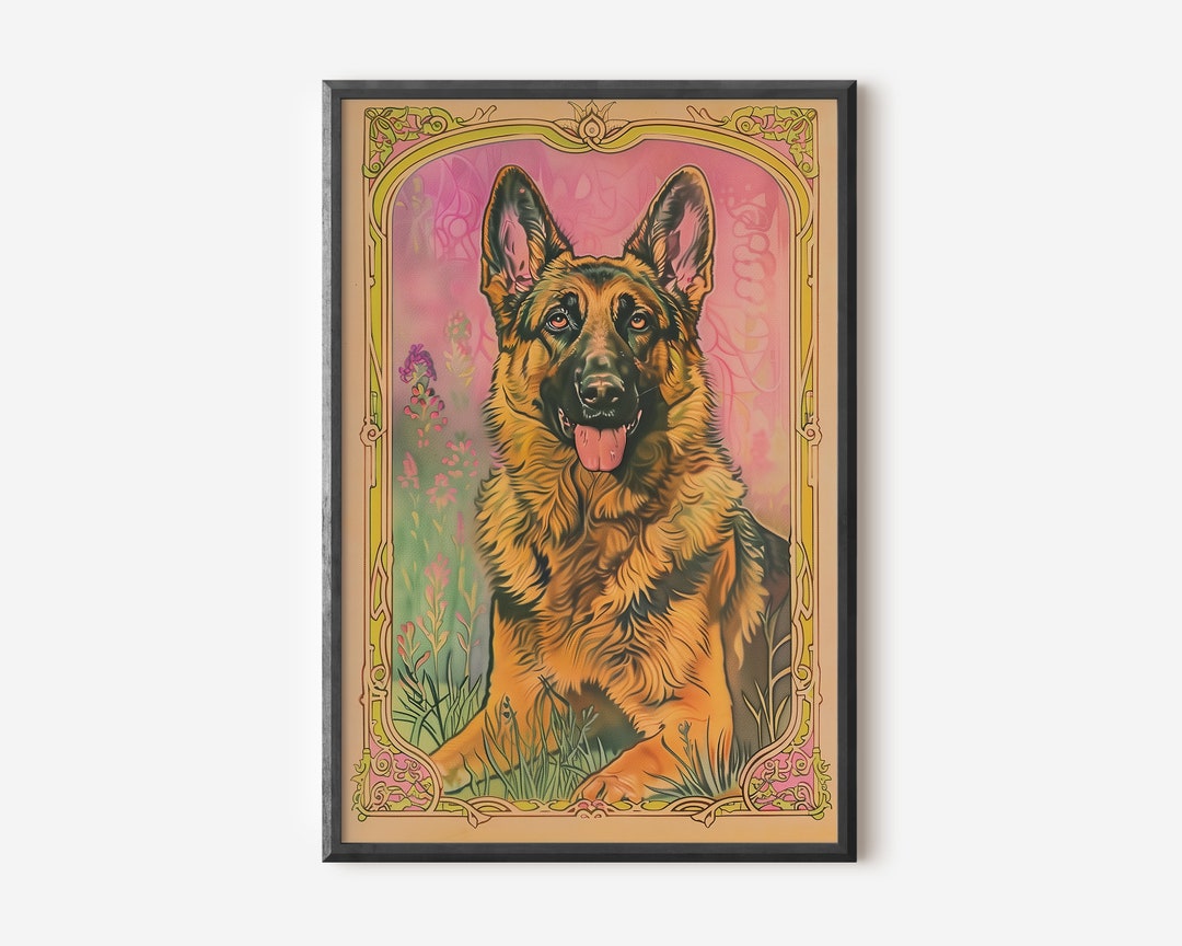 Joyful German Shepherd Print - Whimsical Art Nouveau Dog Illustration ...