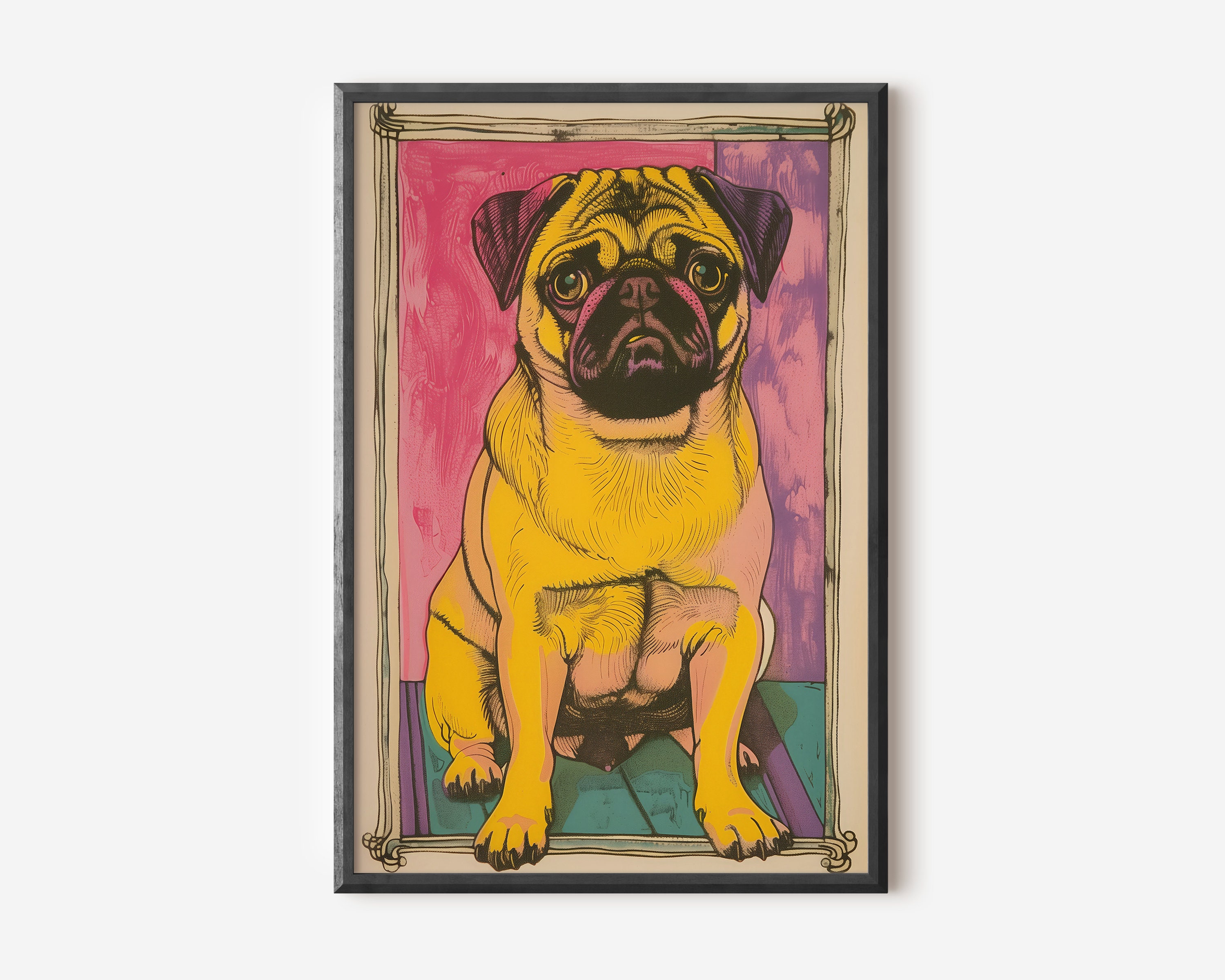 Whimsical Pug Digital Print - Vibrant Pop Art With Decorative Frame ...