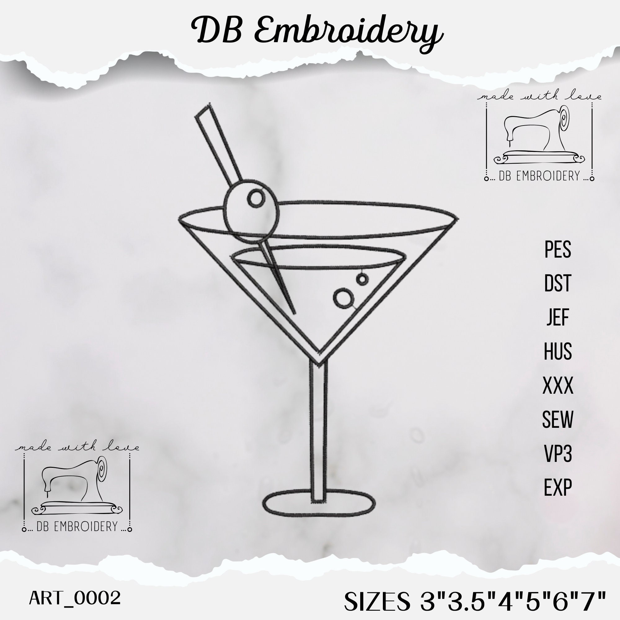 Martini Glass Embroidery Design - Multiple Sizes 3" to 7" , a Line Art ...