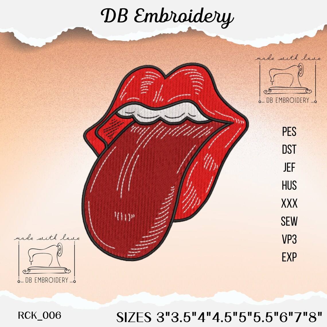 Rock Embroidery Designs Lips With Tongue Out, Instant Download for 3"-8 ...