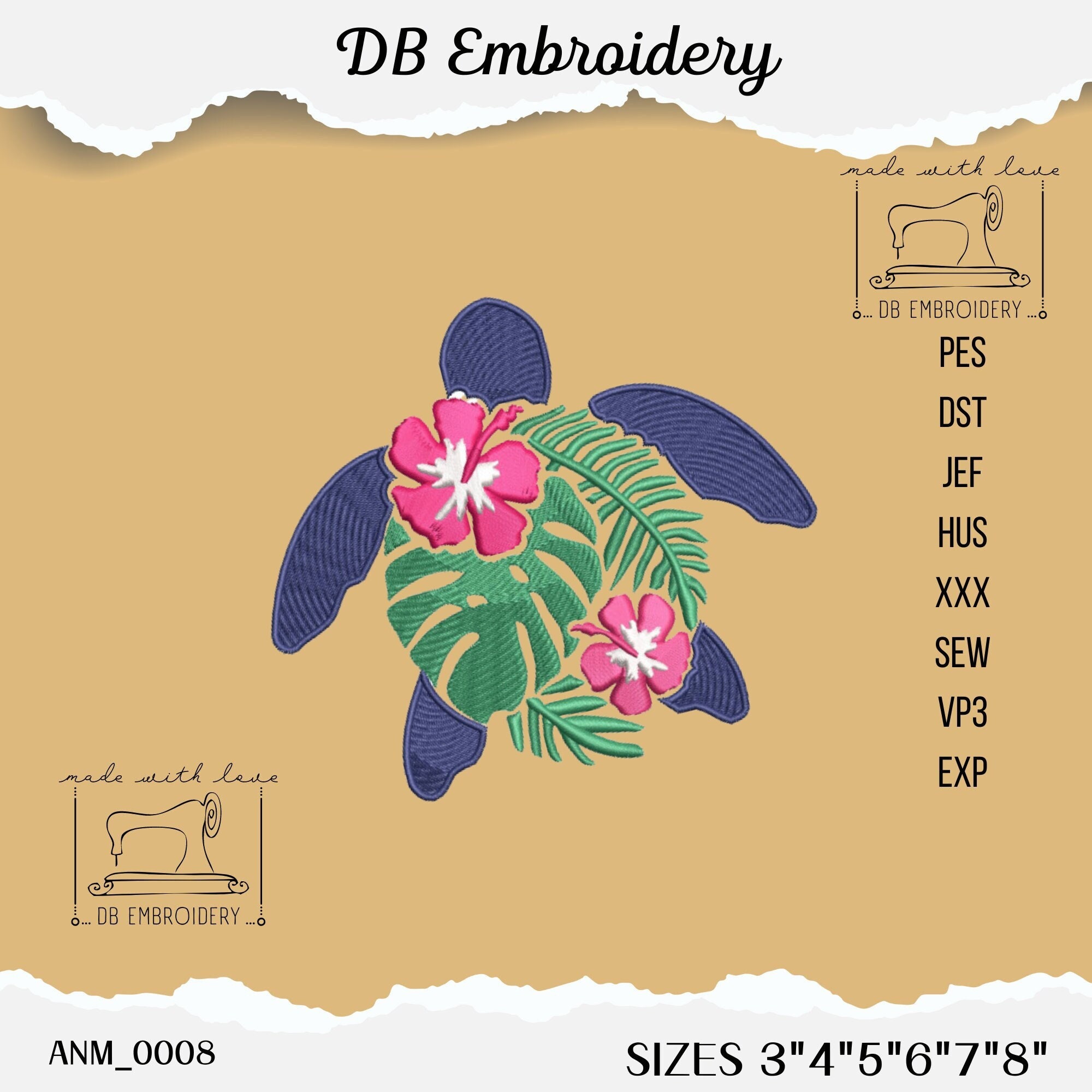 Tropical Turtle Embroidery Design, Instant Download, Multi Format, PES ...