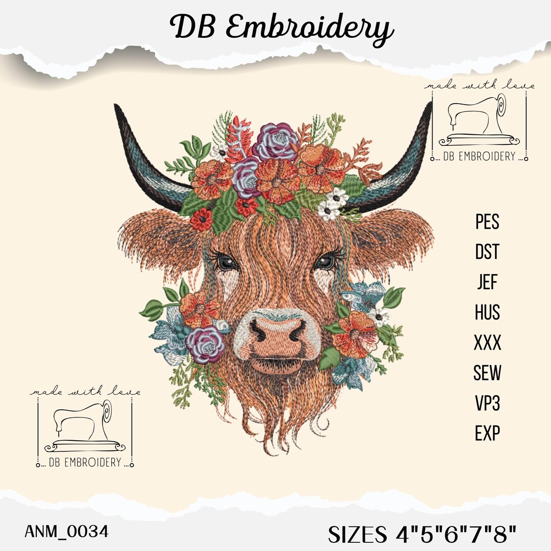 Highland Cow Embroidery Design With Floral Crown | Farm Animaldigita ...