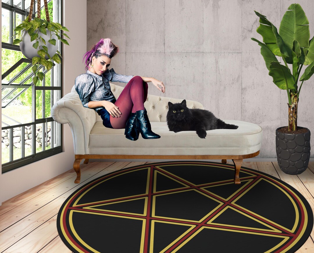 Pentacle Round Rug, 60" Casting Circle Carpet, Red Pentagram Wicca Mat ...