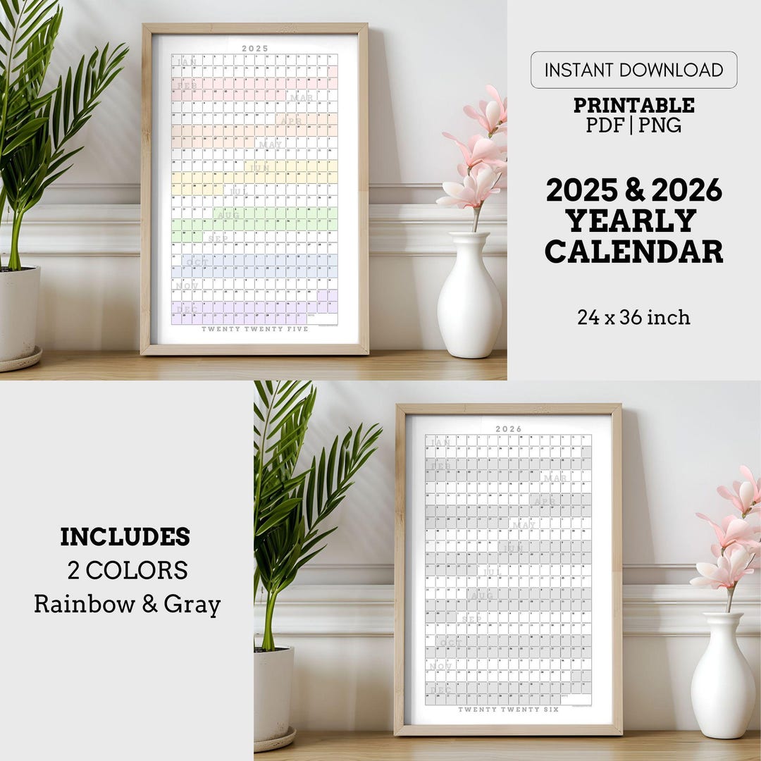 2025 & 2026 Full Year Calendar Printable, 365 Day Calendar, Wall ...