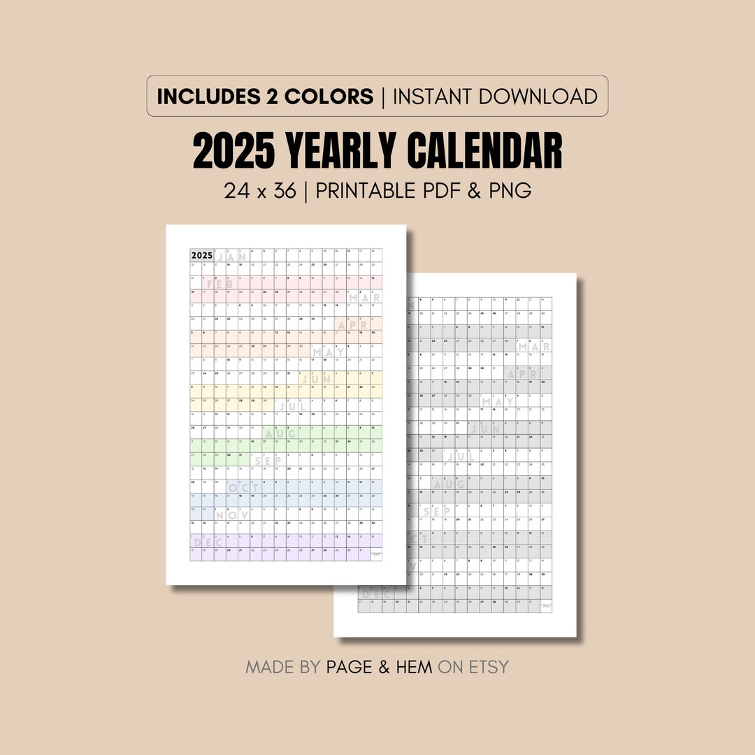 2025 Full Year Calendar Printable, Yearly Calendar, 365 Day Calendar ...
