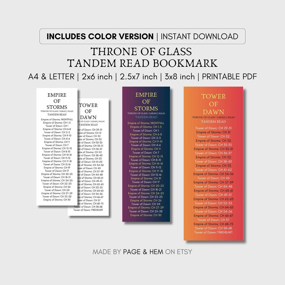Throne of Glass Tandem Read Bookmark Printable, EOS Empire of Storms, TOD Tower of Dawn, Sarah J ...