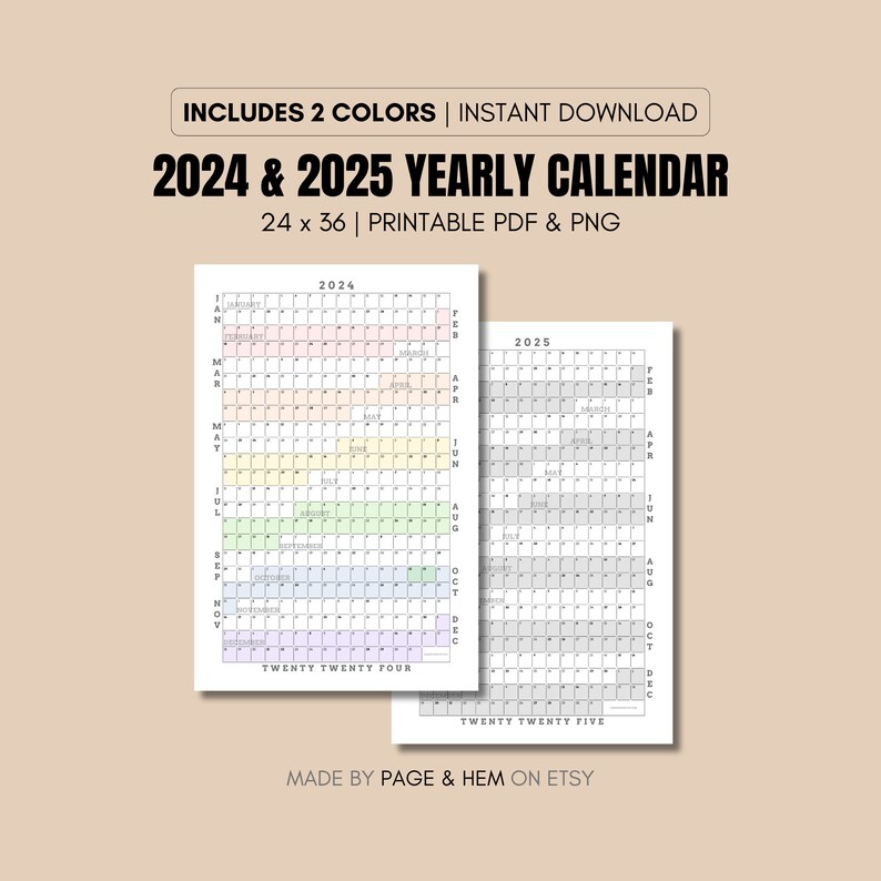 2024 2025 Full Year Calendar Printable, Yearly Calendar, 365 Day ...