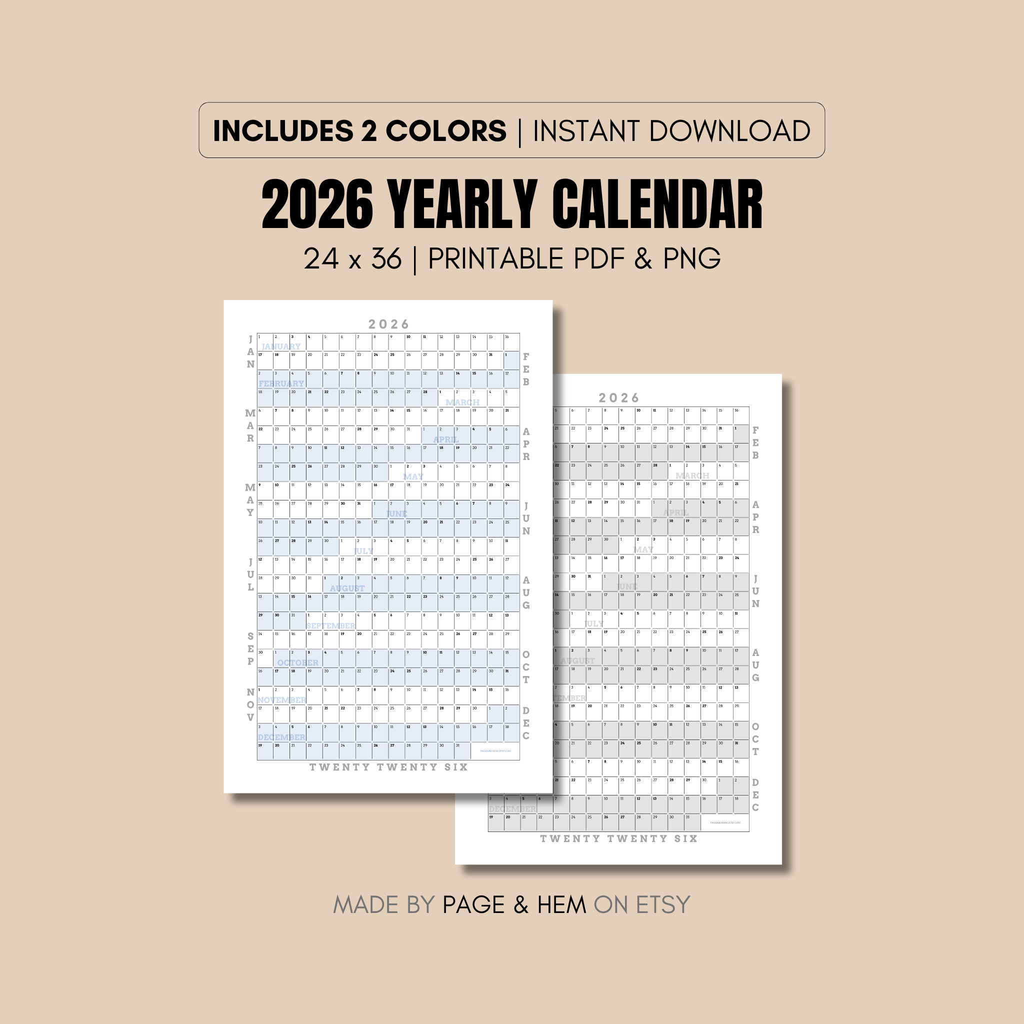 2026 Full Year Calendar Printable, Yearly Calendar, 365 Day Calendar ...