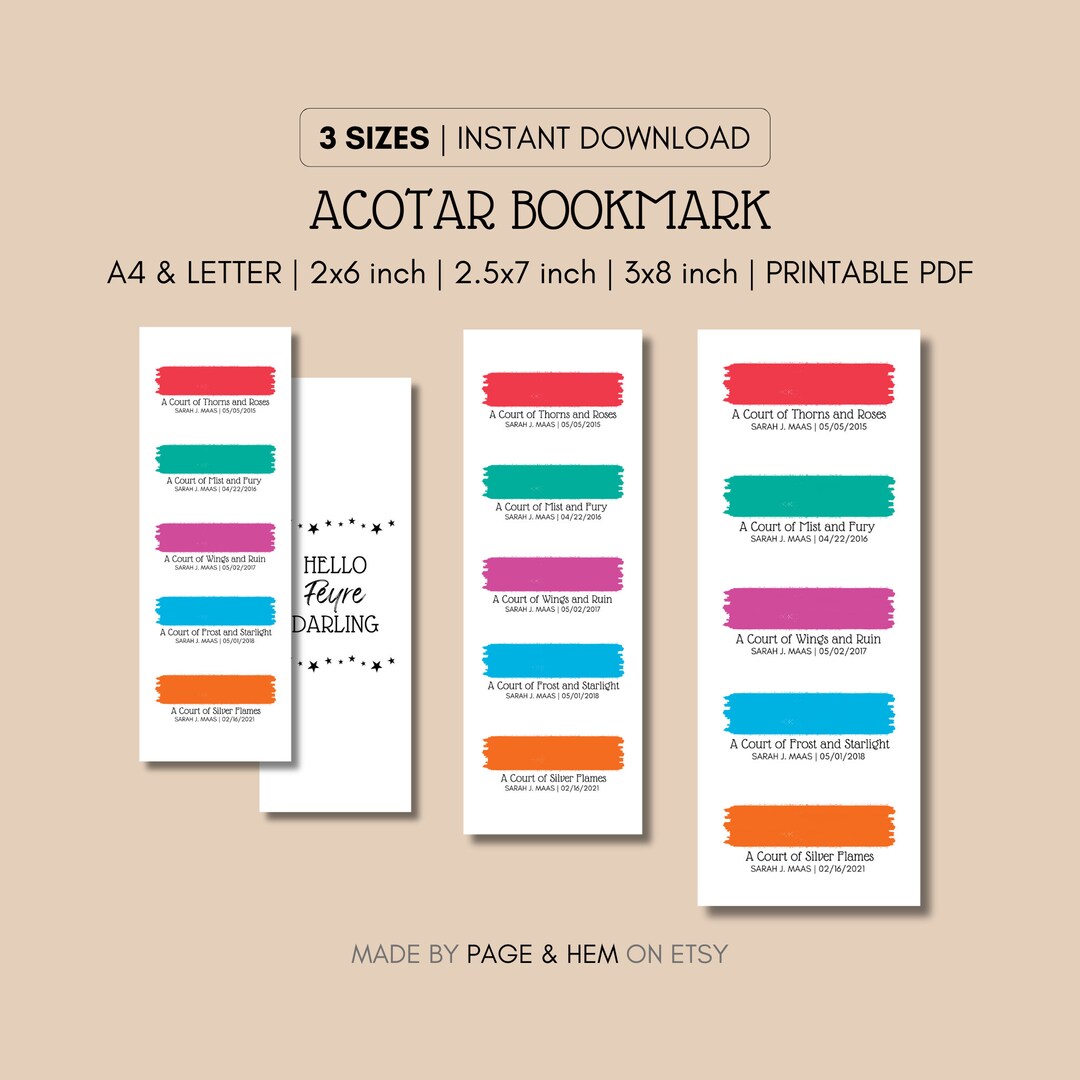 ACOTAR Bookmark Printable, Color Palette Bookmark, Sarah J Maas, ACOTAR ...