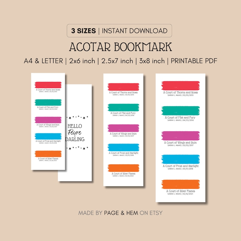 ACOTAR Bookmark Printable, Color Palette Bookmark, Sarah J Maas, ACOTAR ...
