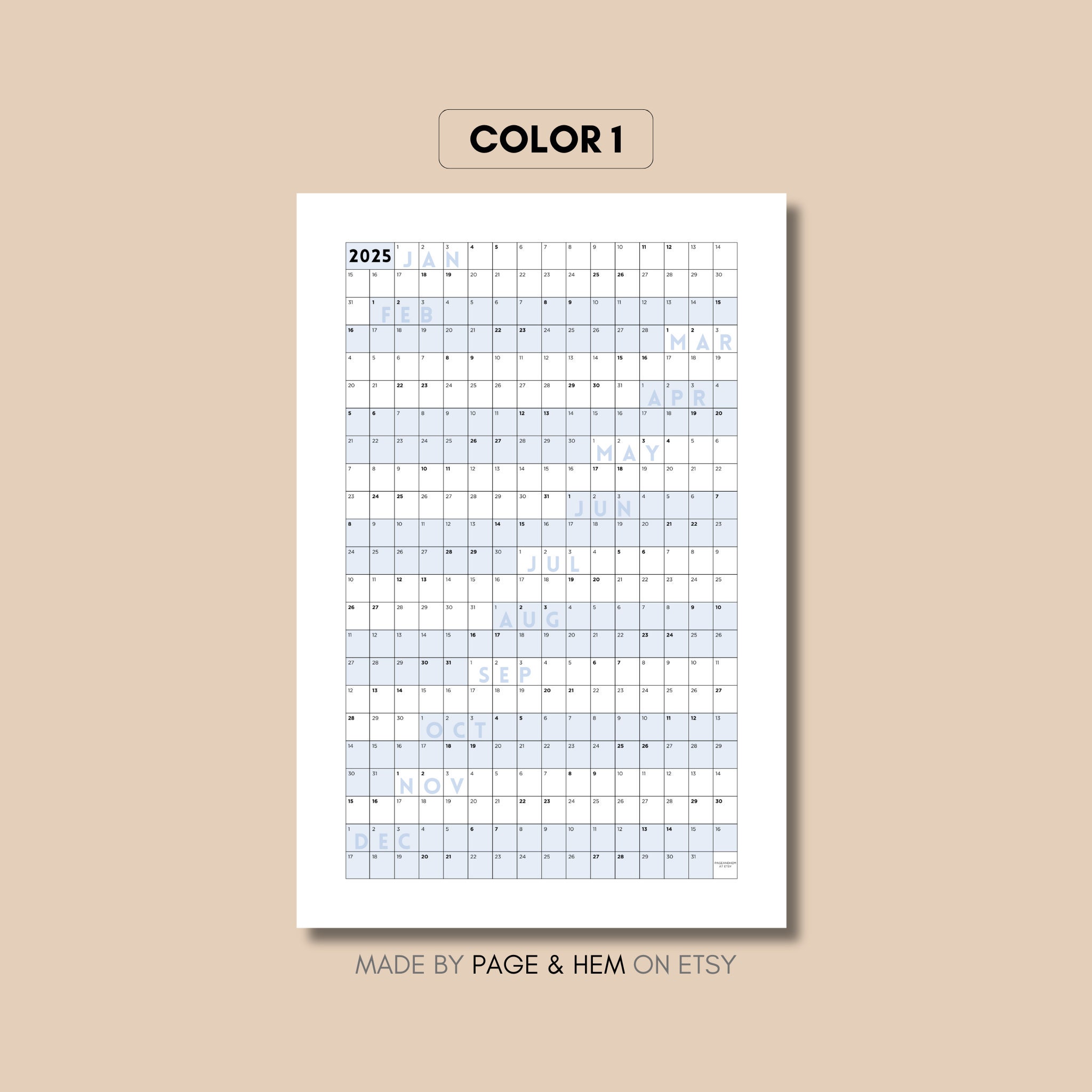 2025 Full Year Calendar Printable, Yearly Calendar, 365 Day Calendar ...