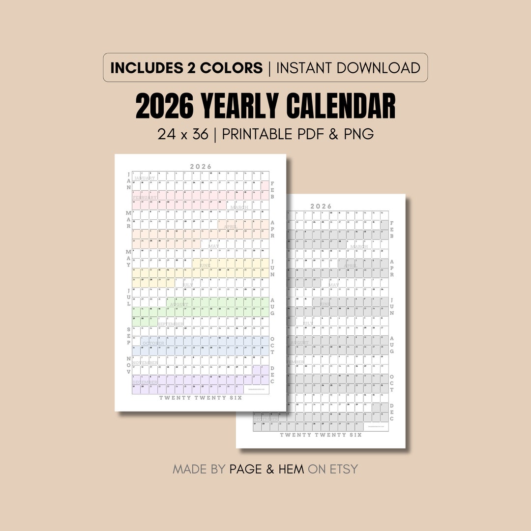 2026 Full Year Calendar Printable, Yearly Calendar, 365 Day Calendar ...