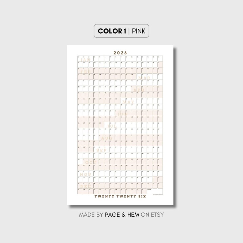 2026 Full Year Calendar Printable, Yearly Calendar, 365 Day Calendar ...