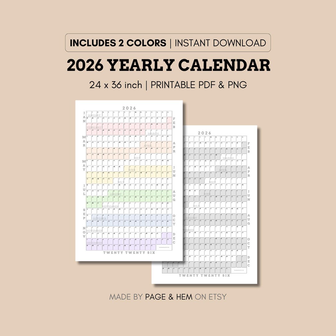 2026 Full Year Calendar Printable, Yearly Calendar, 365 Day Calendar ...