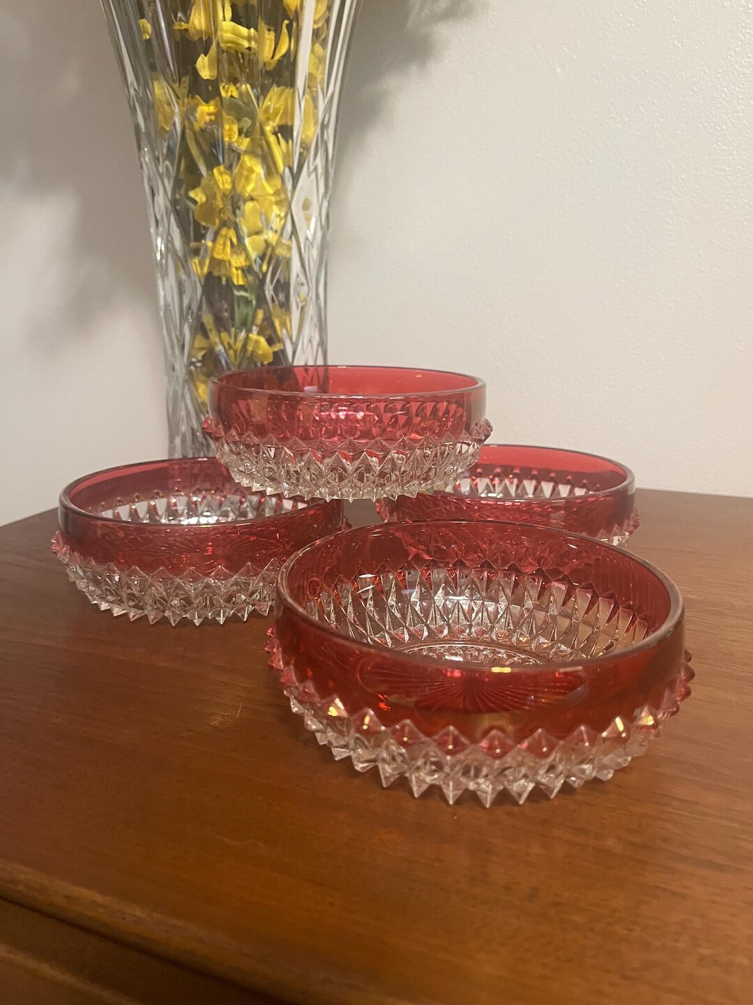 Vintage Indiana Glass Diamond Point Ruby Red Flash Bowls // Set of 4 ...