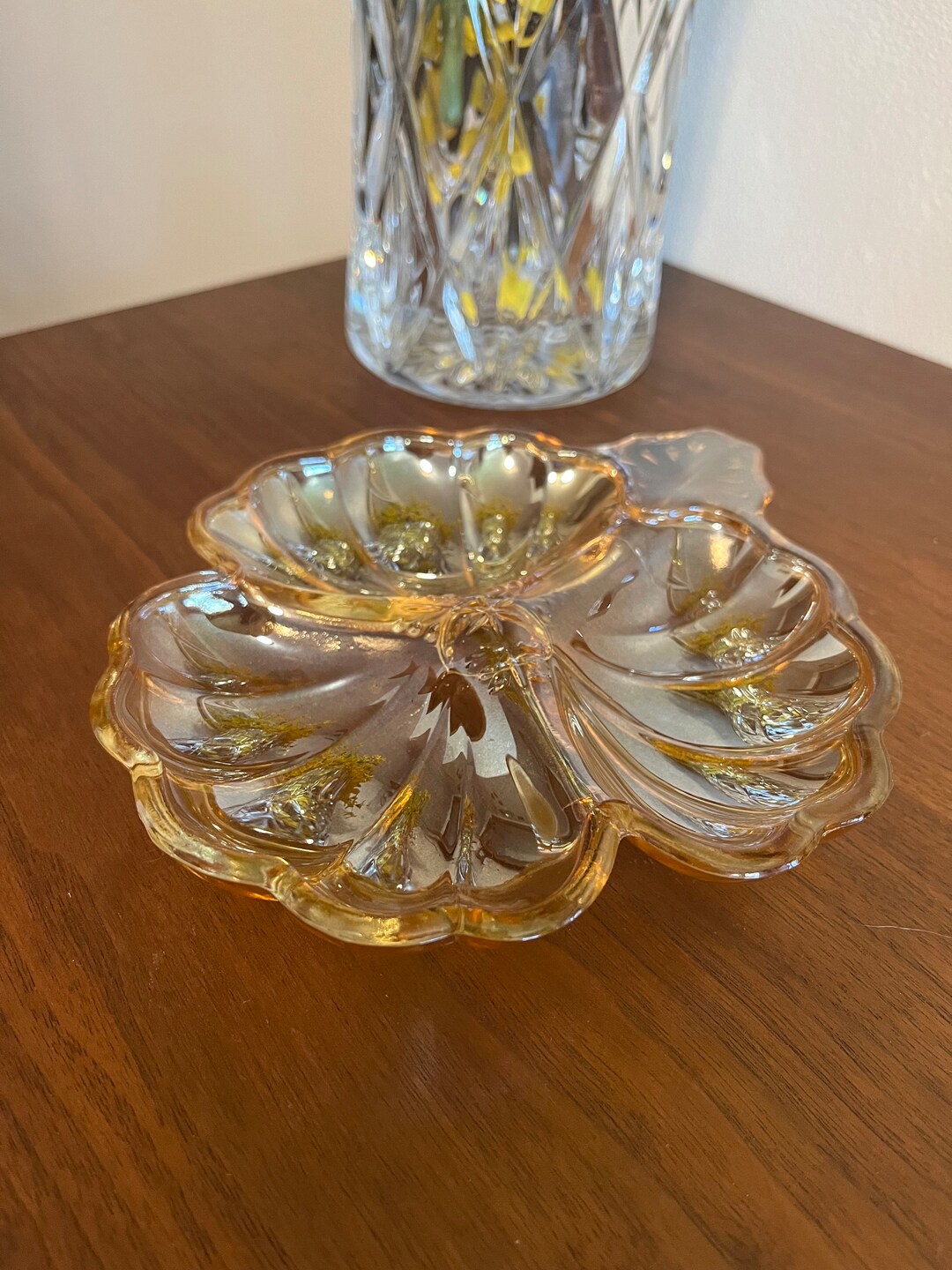 Vintage Carnival Glass Three Section Clamshell Divided Dish Marigold 7 ...