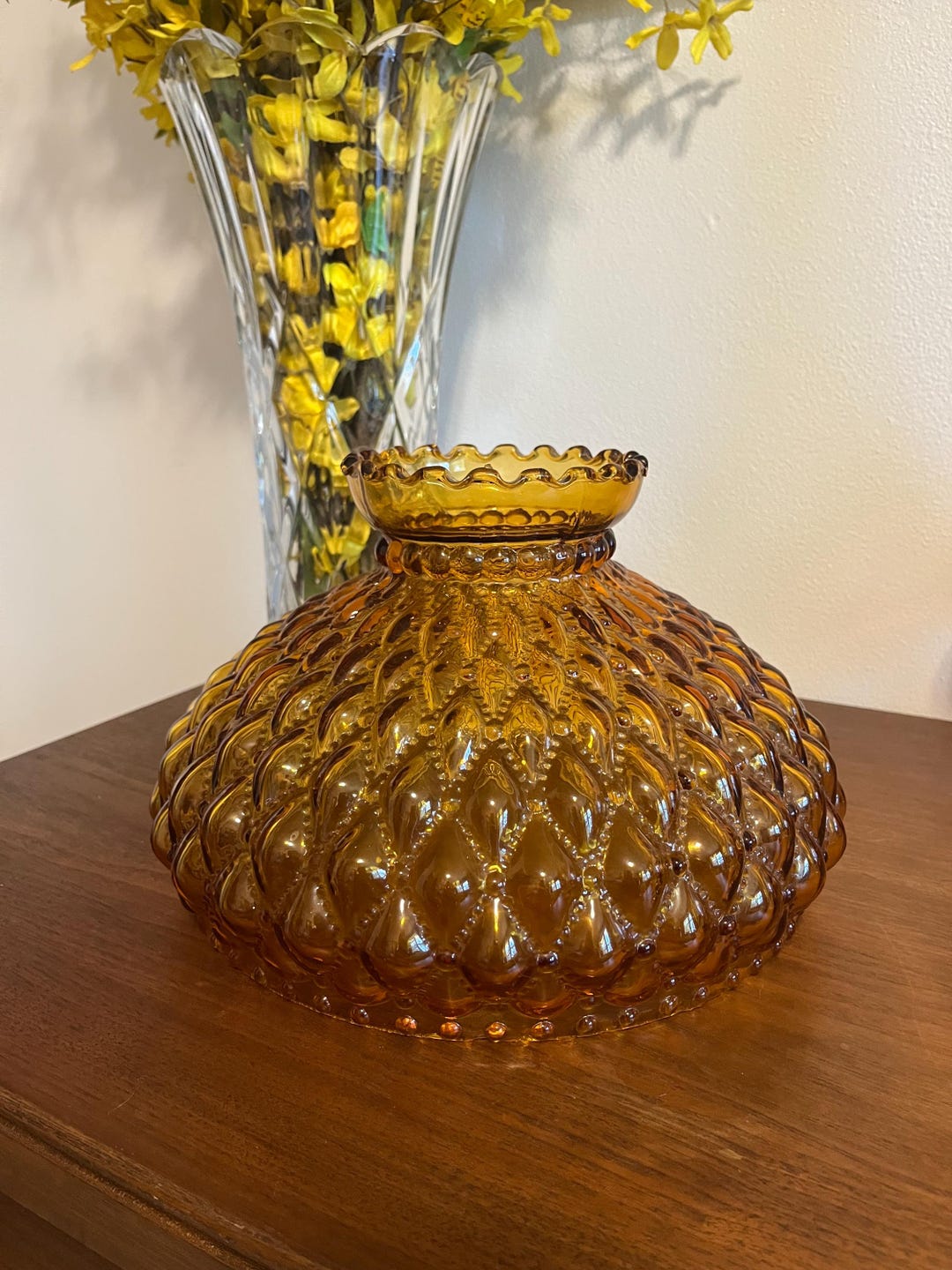 Vintage Amber Glass Lamp Shade // Beautiful Beaded Quilted Diamonds ...