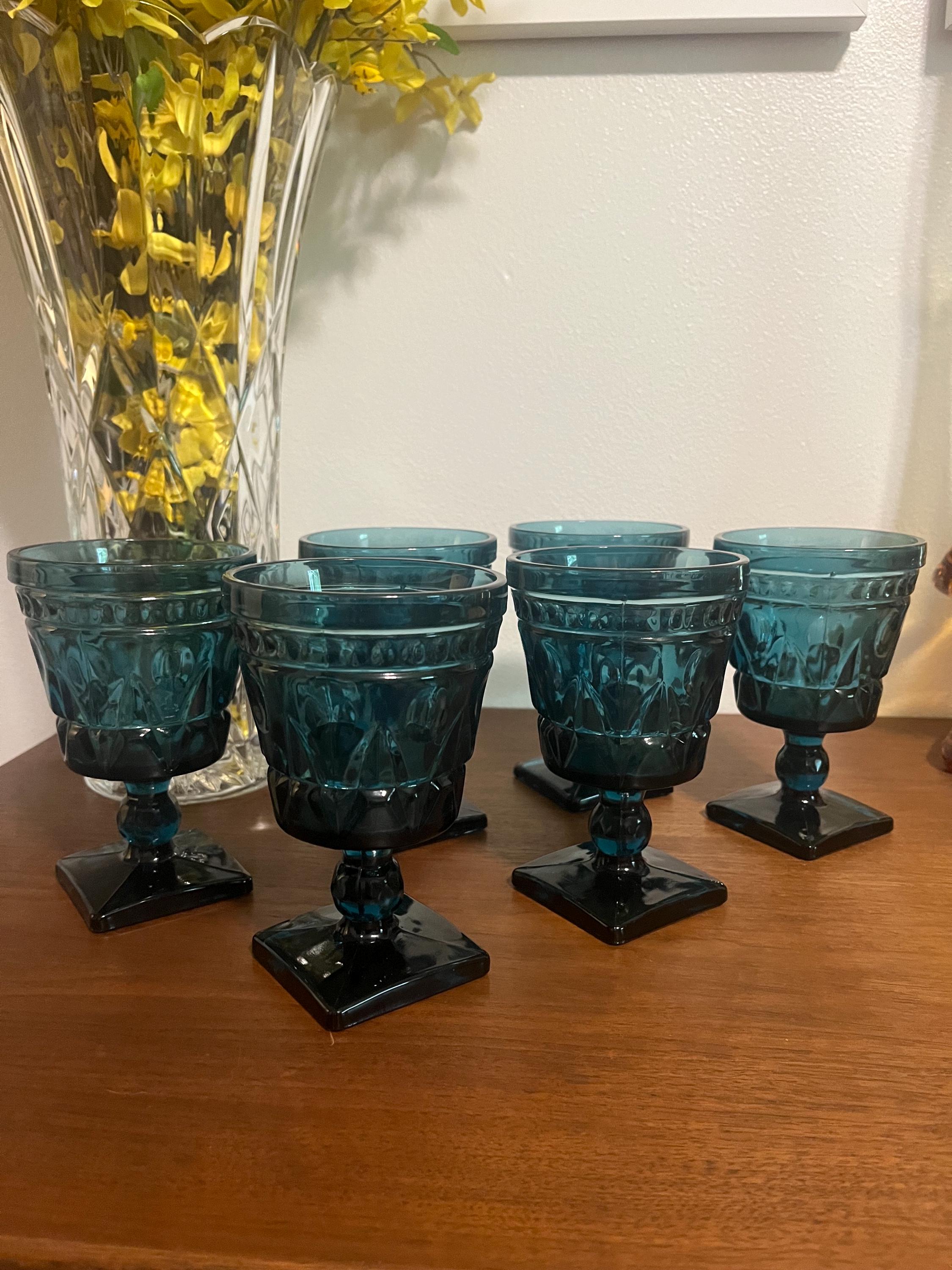 Vintage Mid Century Turquoise Blue Indiana Glass Water Goblet // Set of ...