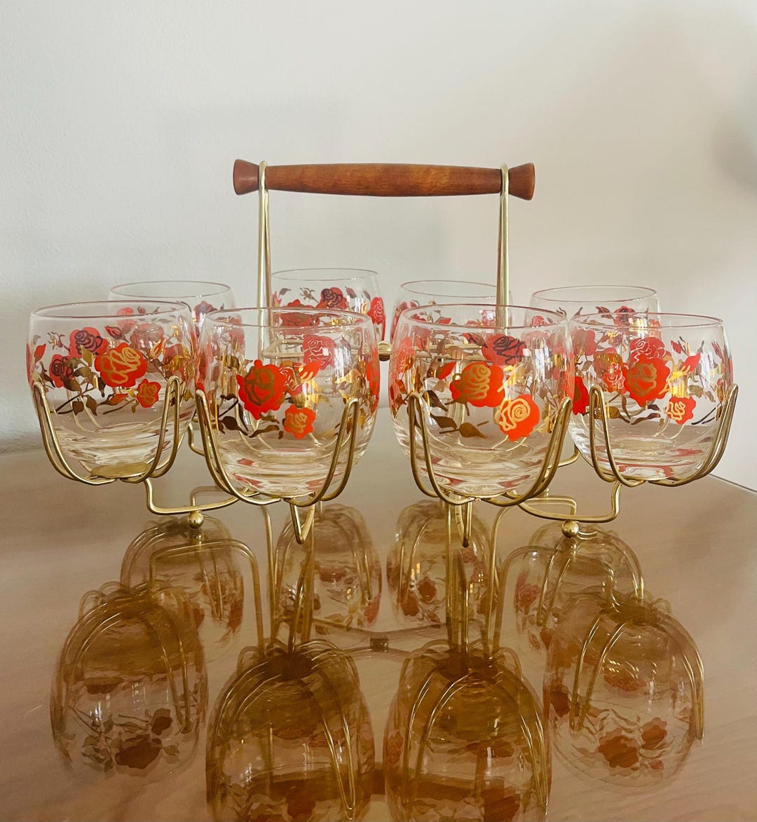 Vintage Federal Glass Roly Poly Caddy Beverage Set // Red Rose Pattern ...