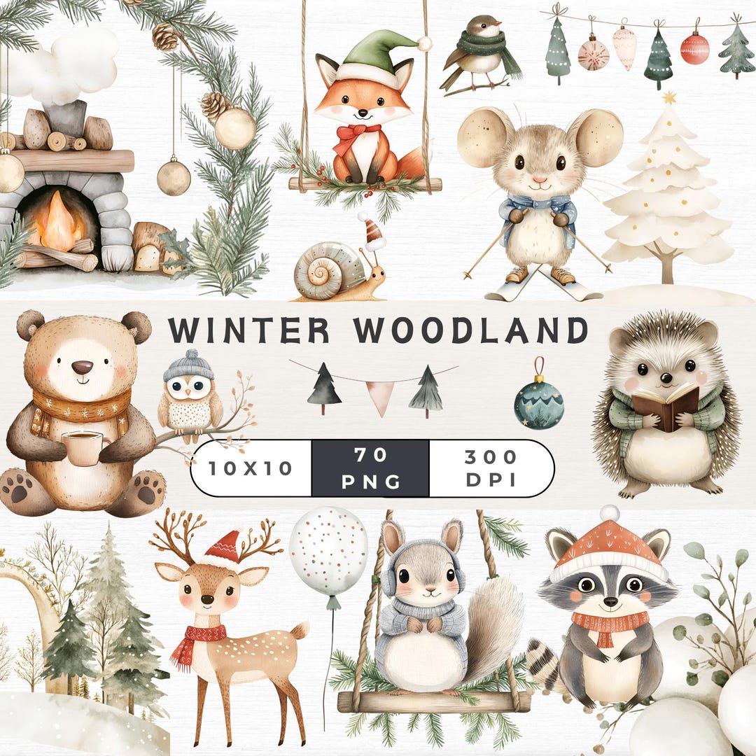 Winter Woodland Animals Clipart, Cute Forest Creatures, Christmas ...