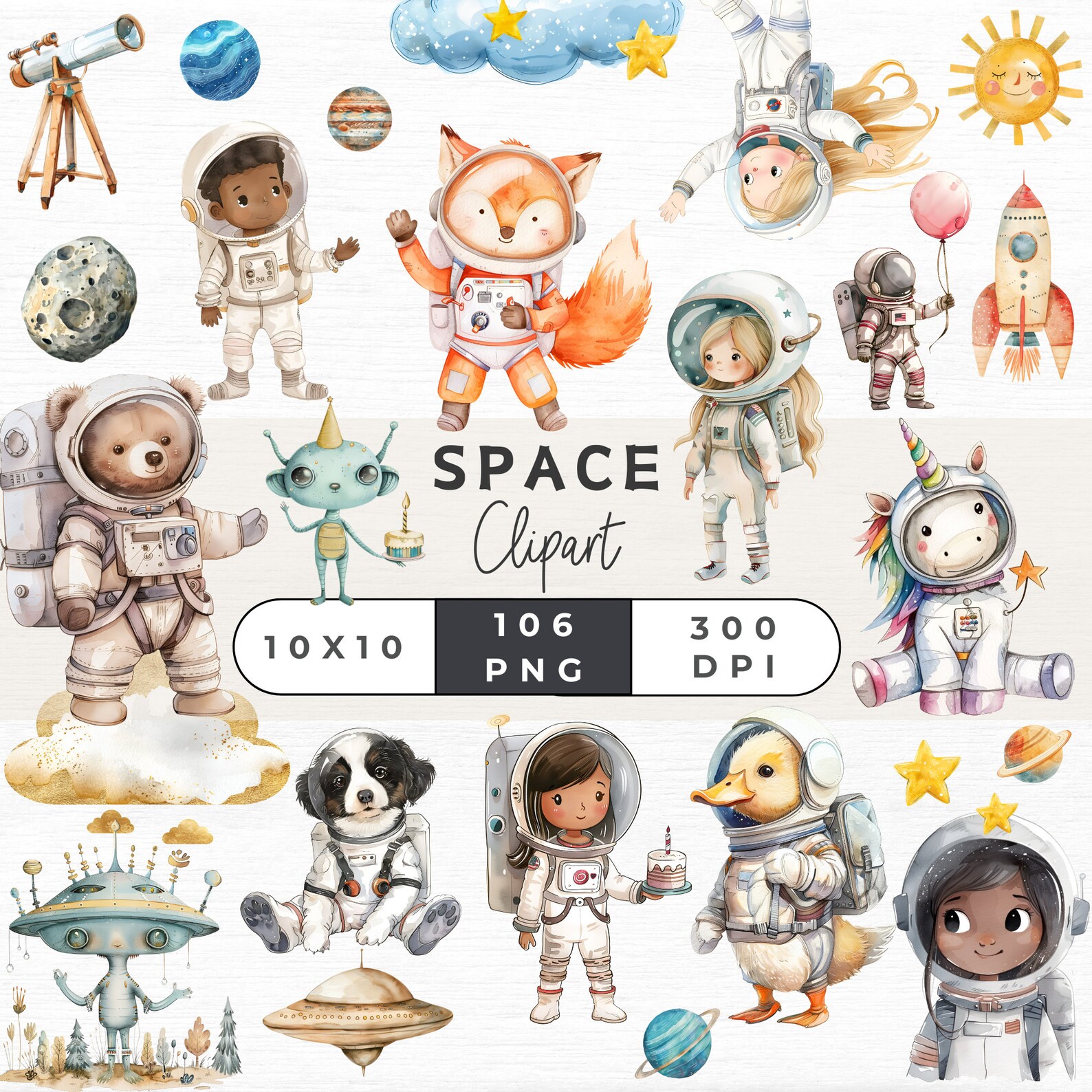 106 Watercolor Space Clipart Bundle, Astronaut PNG, Planets Clipart ...