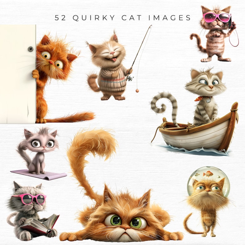 52 Quirky Cat Clipart, Funny Cat Clipart, Cat Cartoon PNG, Commercial ...
