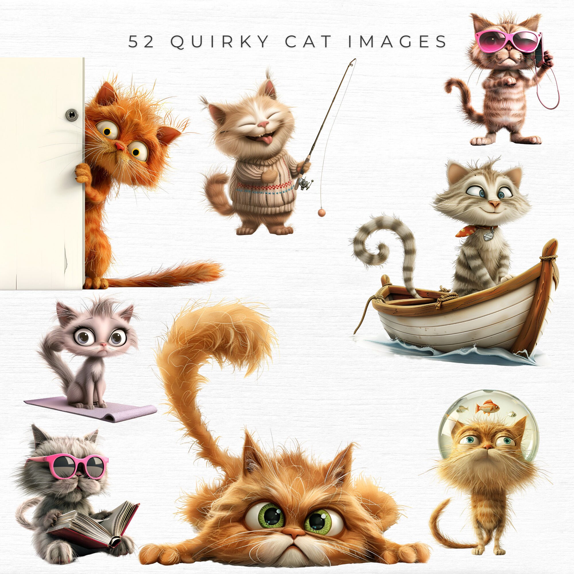 52 Quirky Cat Clipart, Funny Cat Clipart, Cat Cartoon PNG, Commercial ...