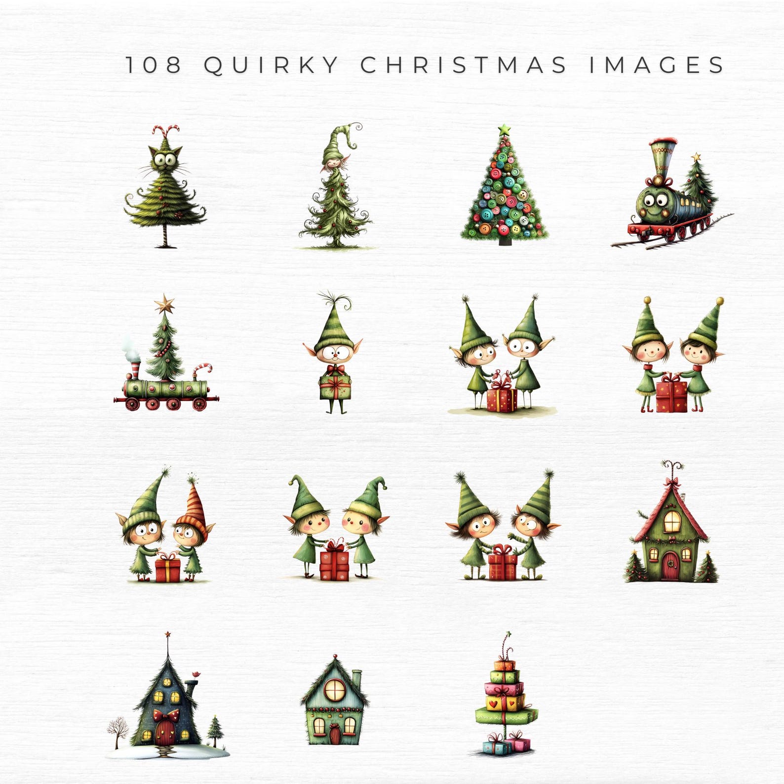 Quirky Christmas Clipart, Watercolor Whimsical Graphics, Quirky Santa ...