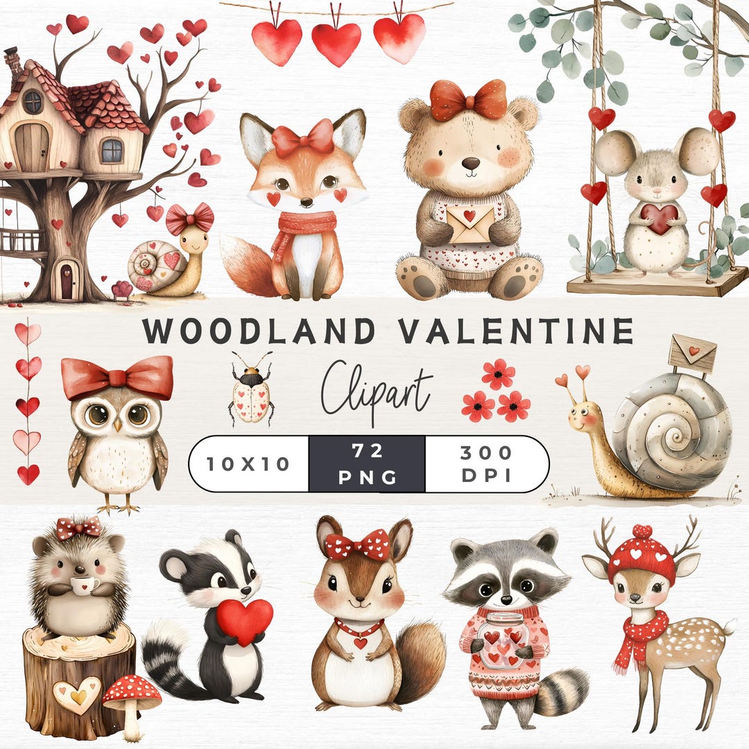 Woodland Animals Valentines Day Clipart, Cute Baby Animals, Woodland ...