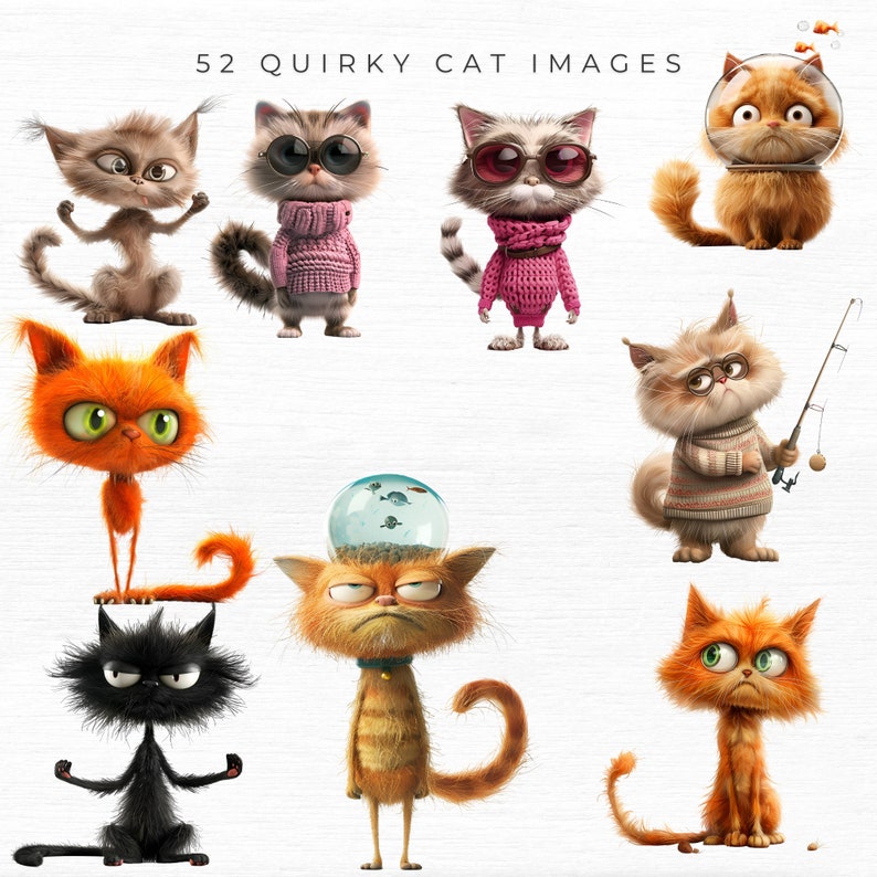 52 Quirky Cat Clipart, Funny Cat Clipart, Cat Cartoon PNG, Commercial ...