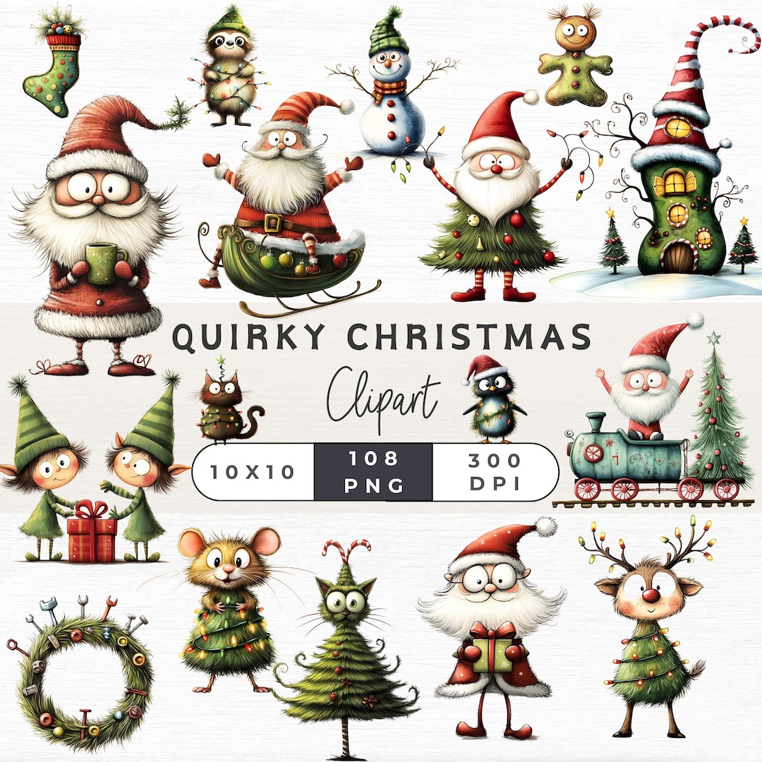 Quirky Christmas Clipart, Watercolor Whimsical Graphics, Quirky Santa ...
