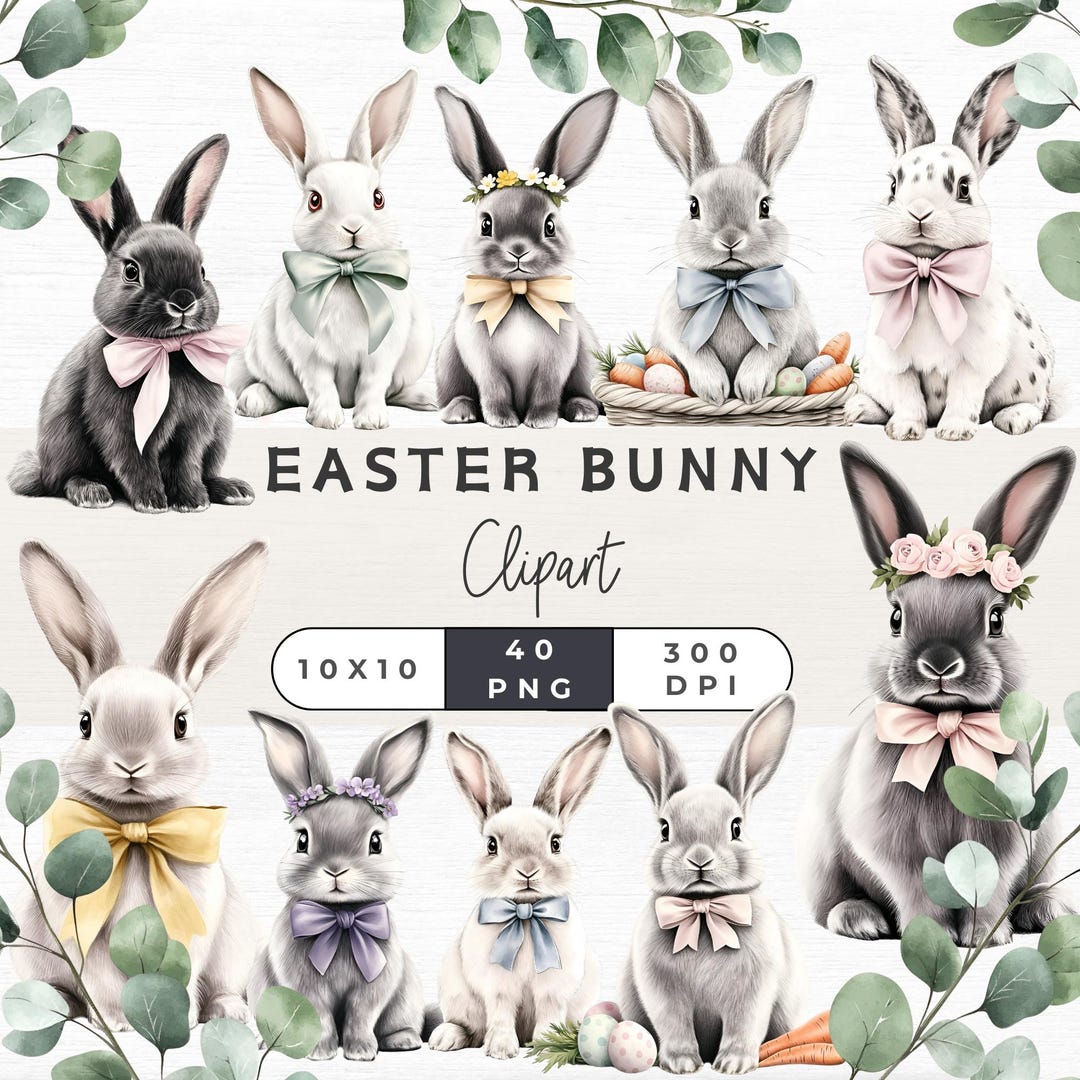 Watercolor Easter Bunny Clipart Bundle, Cute Bunny PNG, Spring Rabbit ...