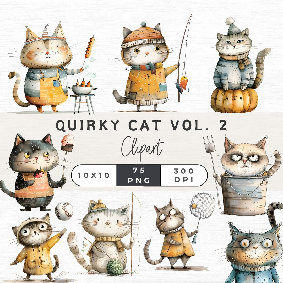 Quirky Cat Clipart, Whimsical Cat Clipart, Quirky Cat Png, Funny Cat ...