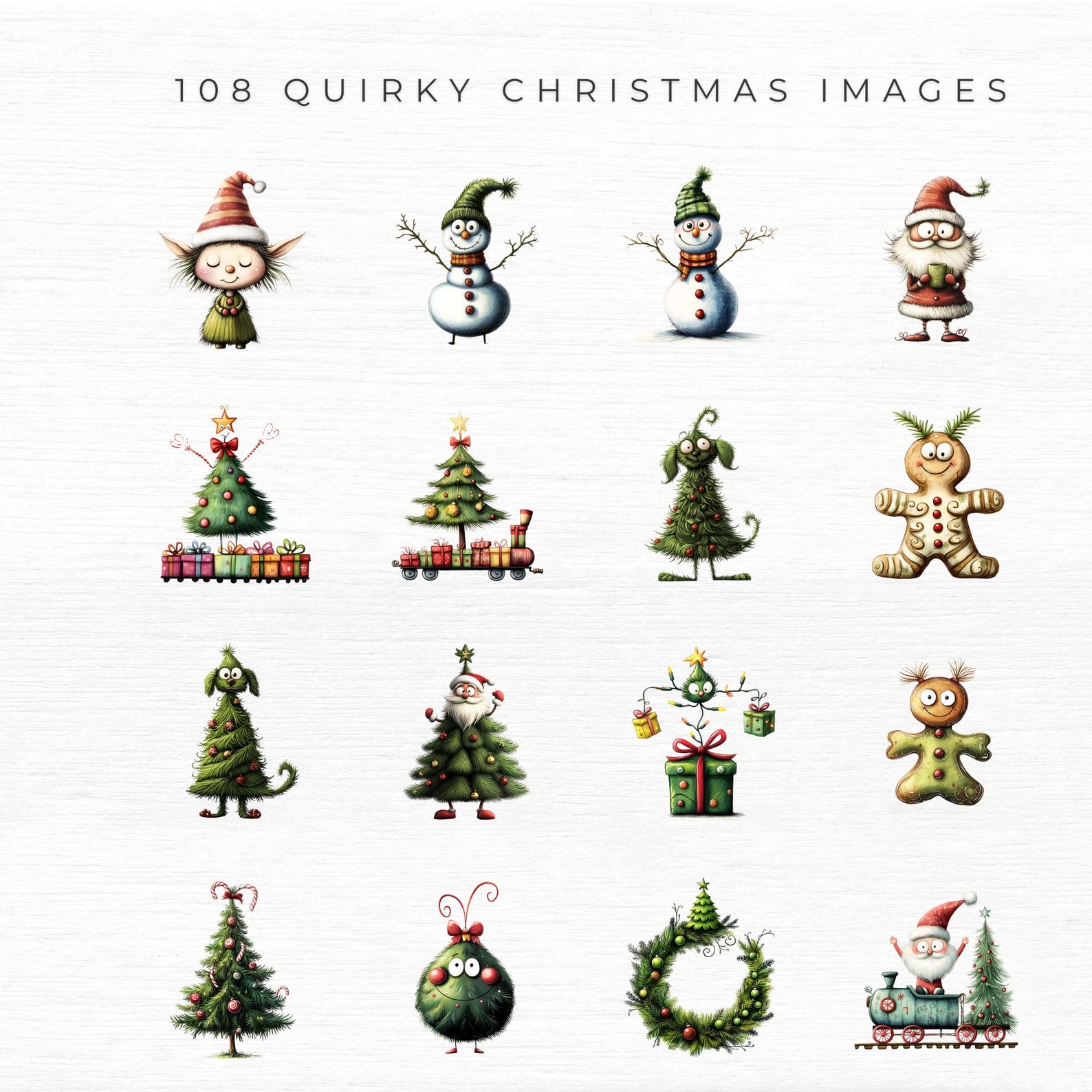 Quirky Christmas Clipart, Watercolor Whimsical Graphics, Quirky Santa ...