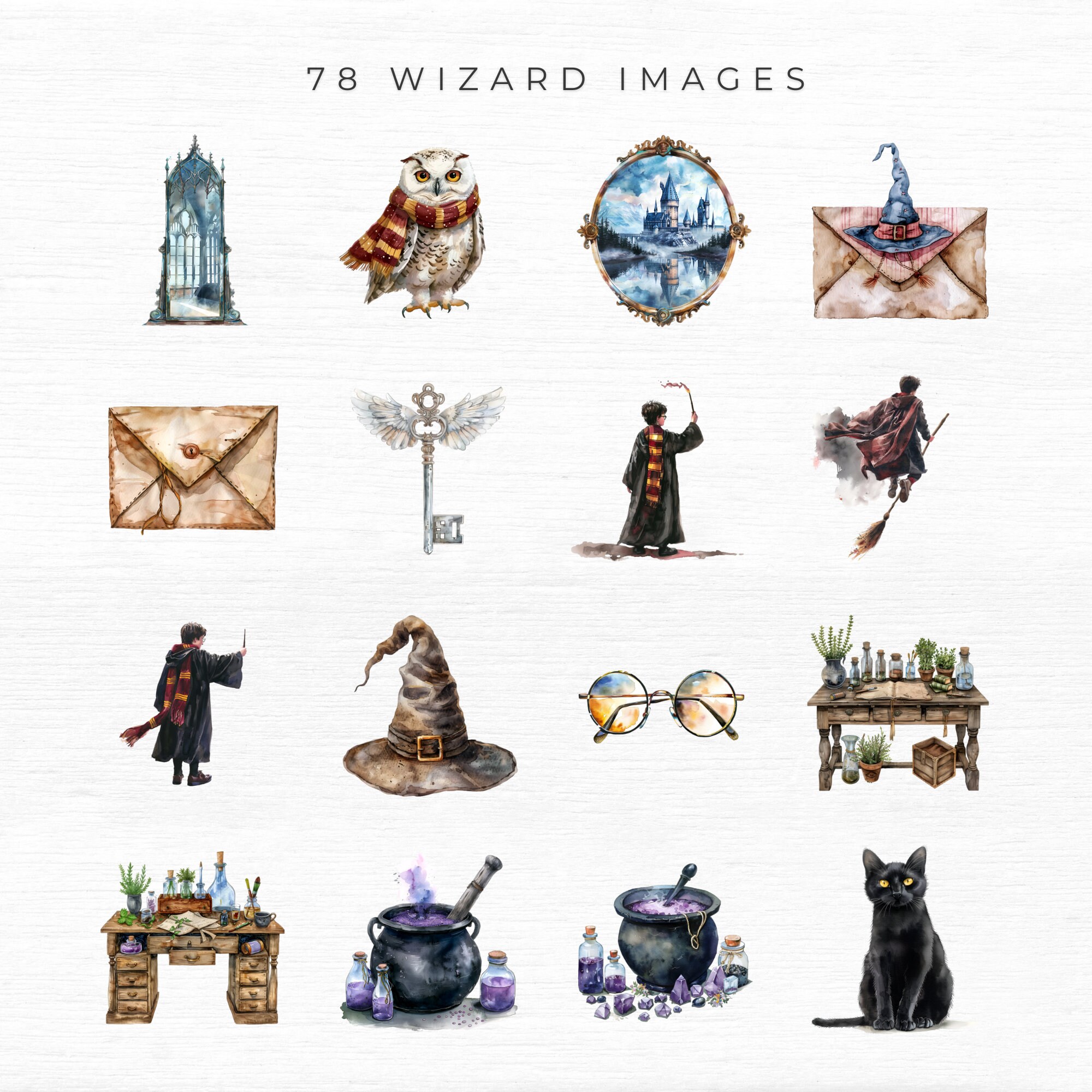 78 Wizard School Watercolor Clip Art, Magic Wizard Clipart Pack Pngs ...