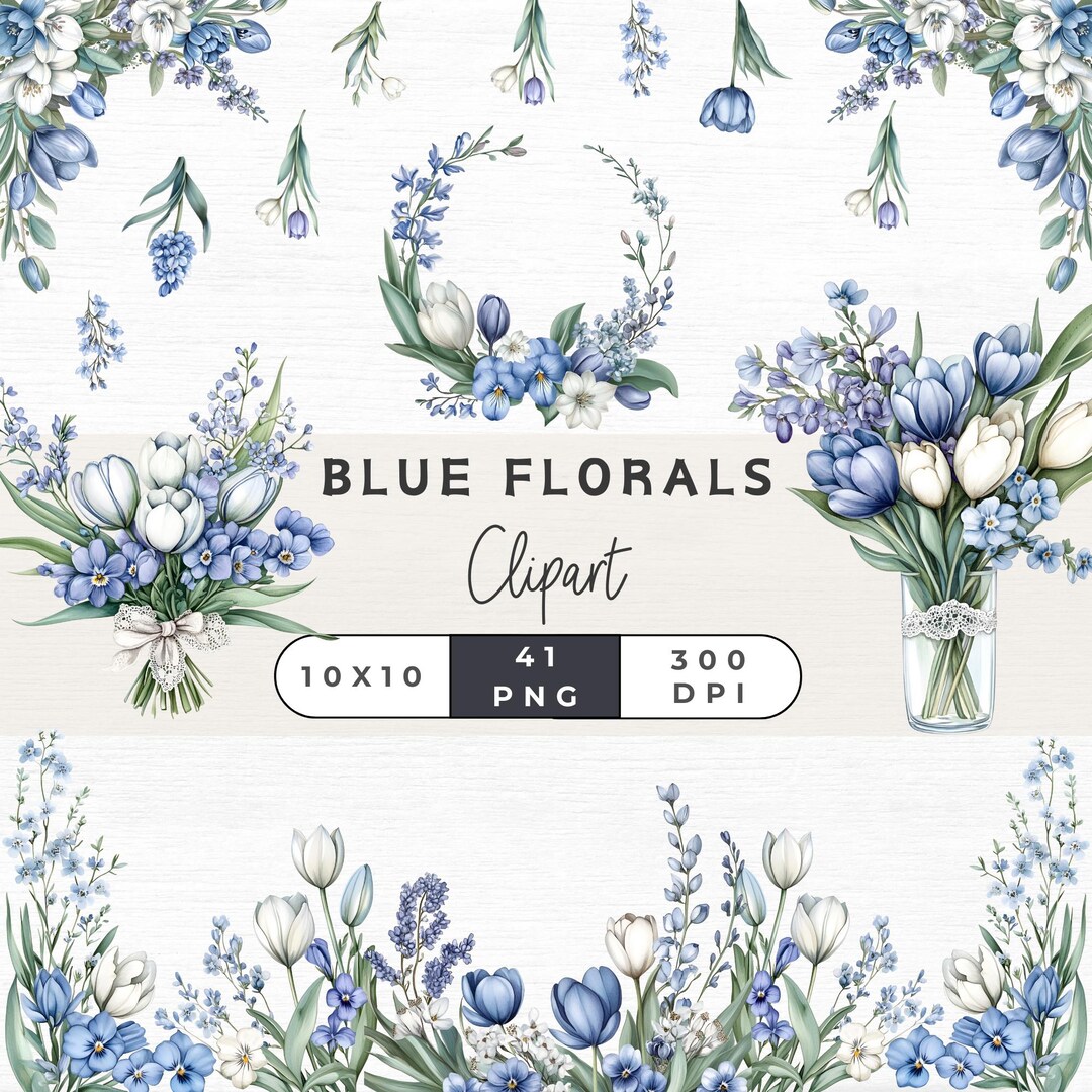 Blue Floral Clipart, Wedding Clip Art, Watercolor Floral Clipart, Tulip ...