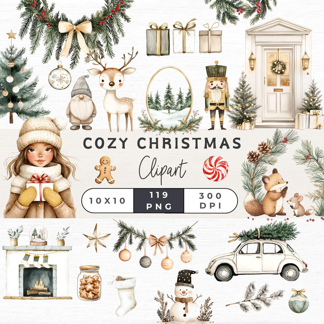 Cozy Christmas Clipart, Holiday Decor, Cute Winter Graphics, Watercolor ...