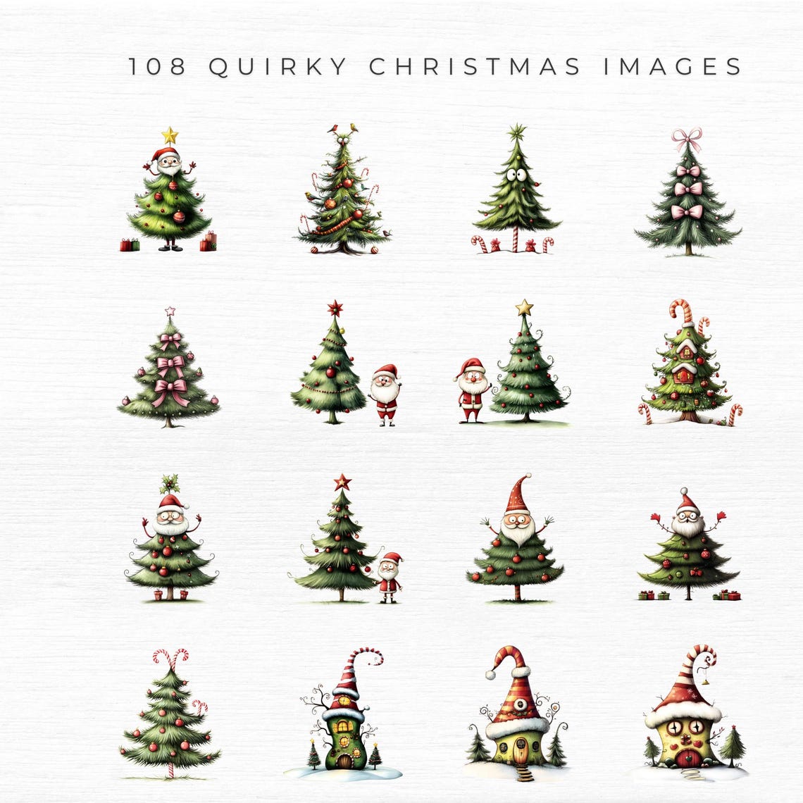 Quirky Christmas Clipart, Watercolor Whimsical Graphics, Quirky Santa ...