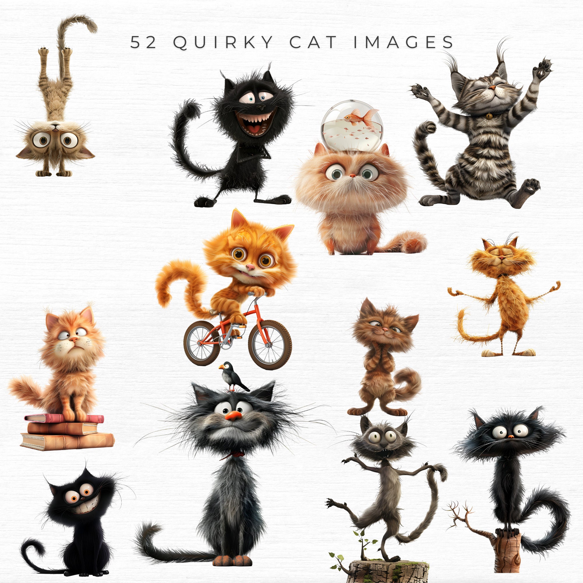 52 Quirky Cat Clipart, Funny Cat Clipart, Cat Cartoon PNG, Commercial ...