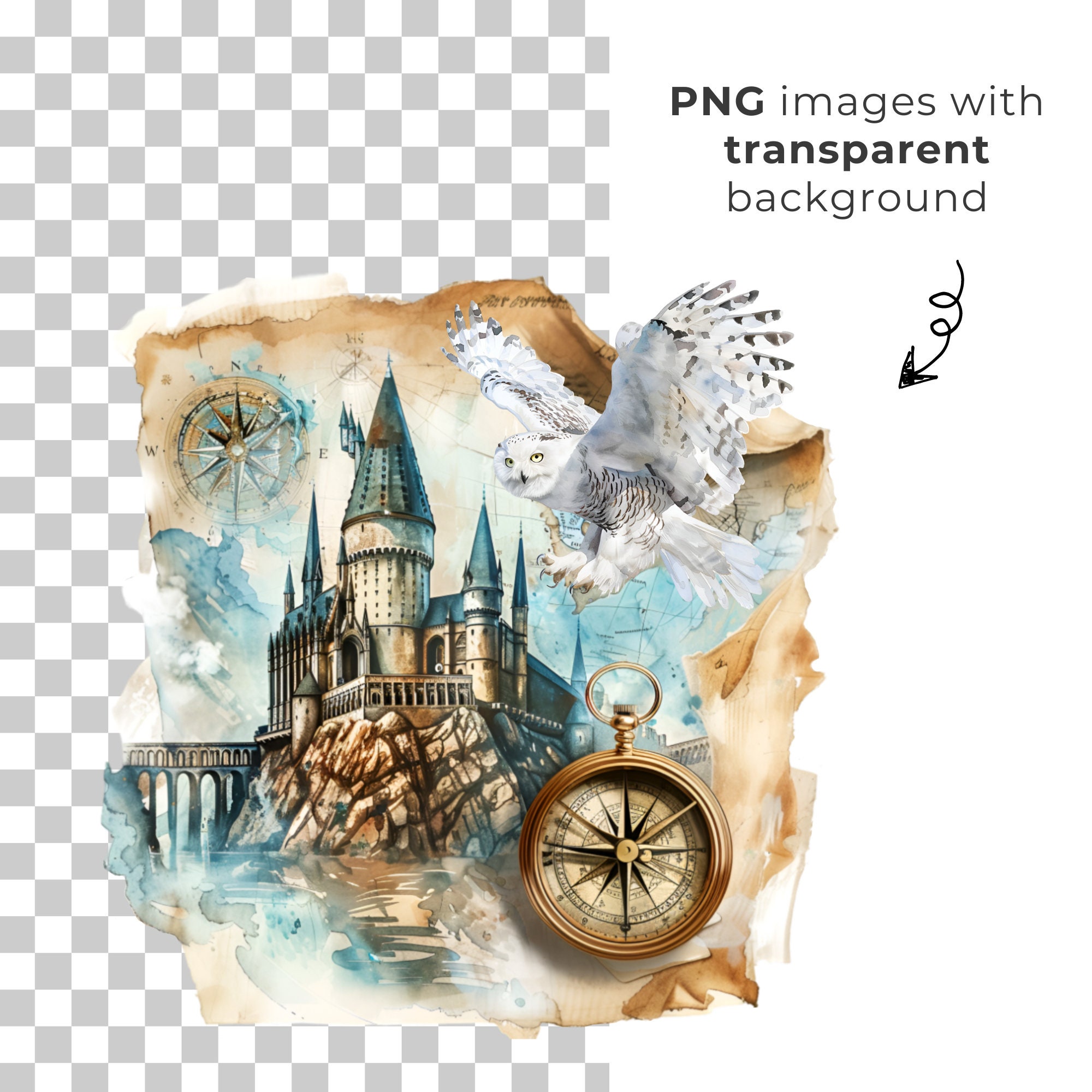 Wizard School Clipart, Watercolor Wizard Map, Wizard Owl, Wizard Castle ...