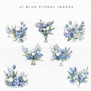 Blue Floral Clipart, Wedding Clip Art, Watercolor Floral Clipart, Tulip ...